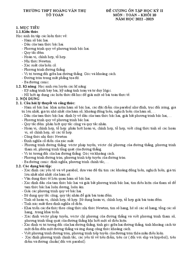 De Cuong Hoc Ky 2 Toan 10 Nam 2022 2023 Truong Hoang Van Thu Ha Noi | PDF