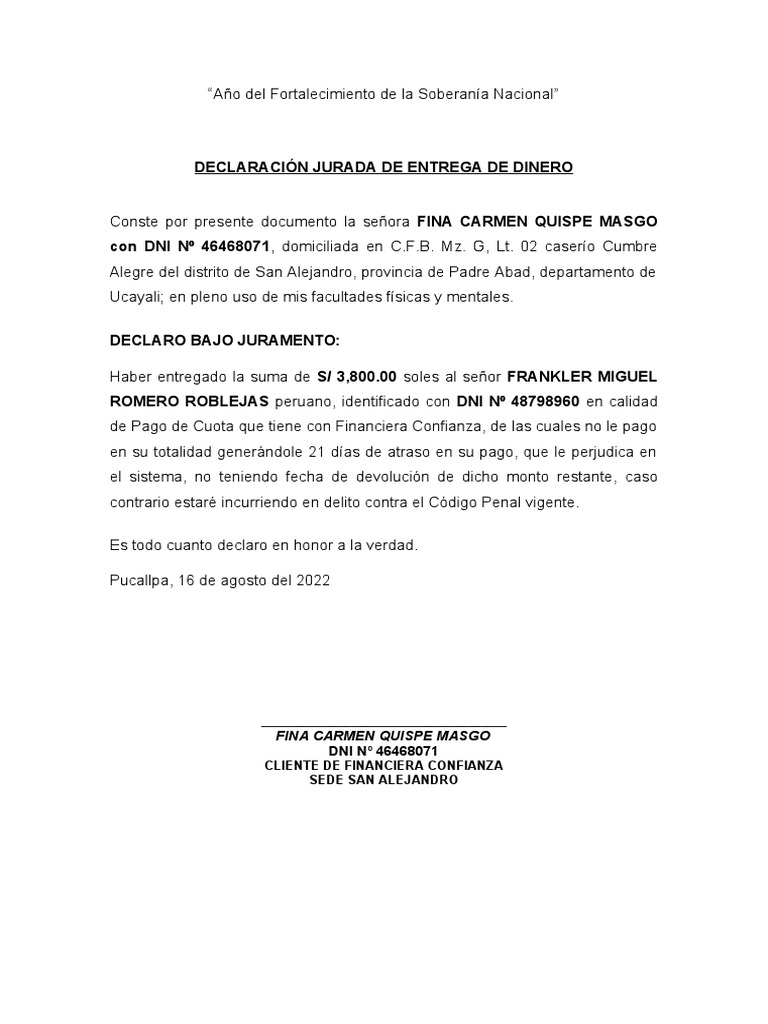 Declaracion Jurada de Entrega de Dinero | PDF