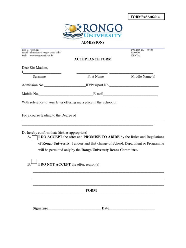 Rongo University Acceptance Form | PDF