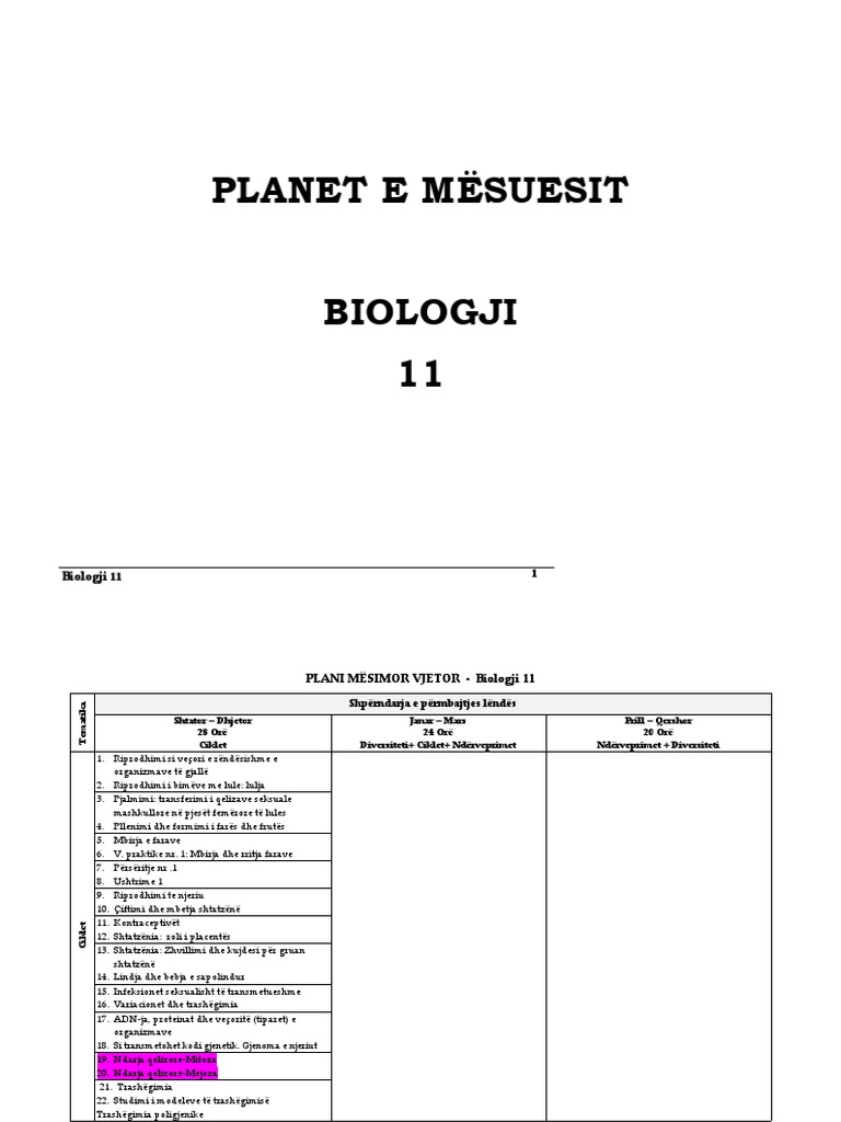 Biologji 11 Planet Mësimore 2022-2023 | PDF