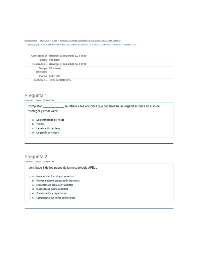 Semana 2 - Quiz - PLAN DE EMERGENCIA | PDF | Riesgo
