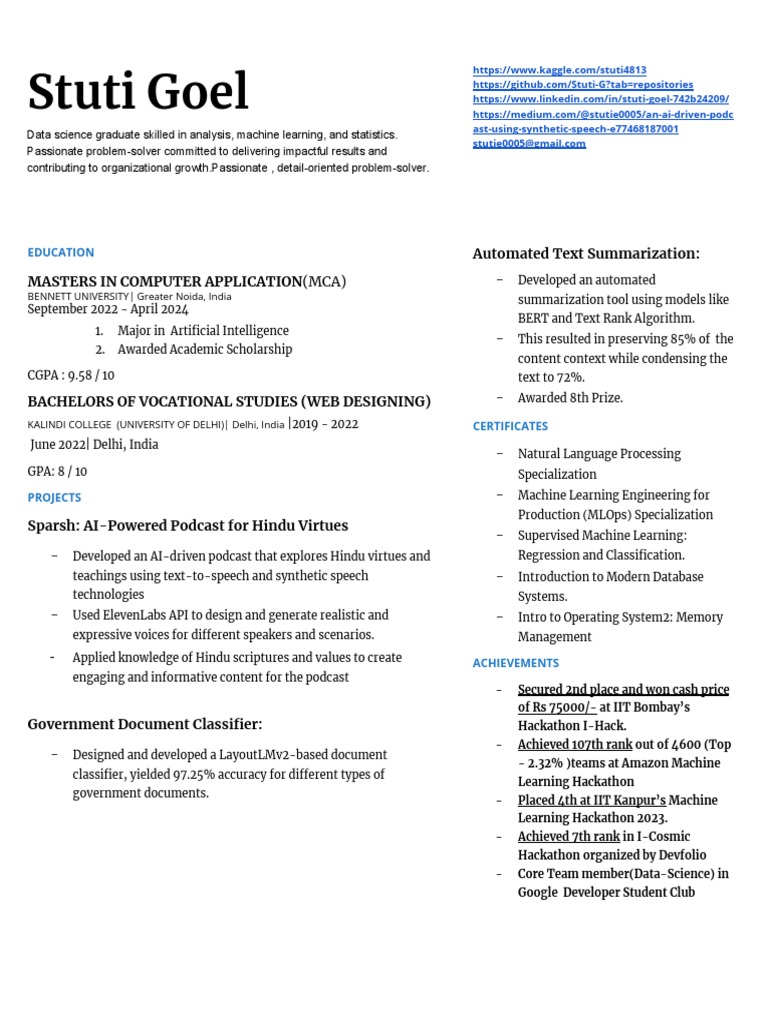 Stuti Goel: Masters in Computer Application (Mca) Automated Text Summarization | PDF | Machine ...