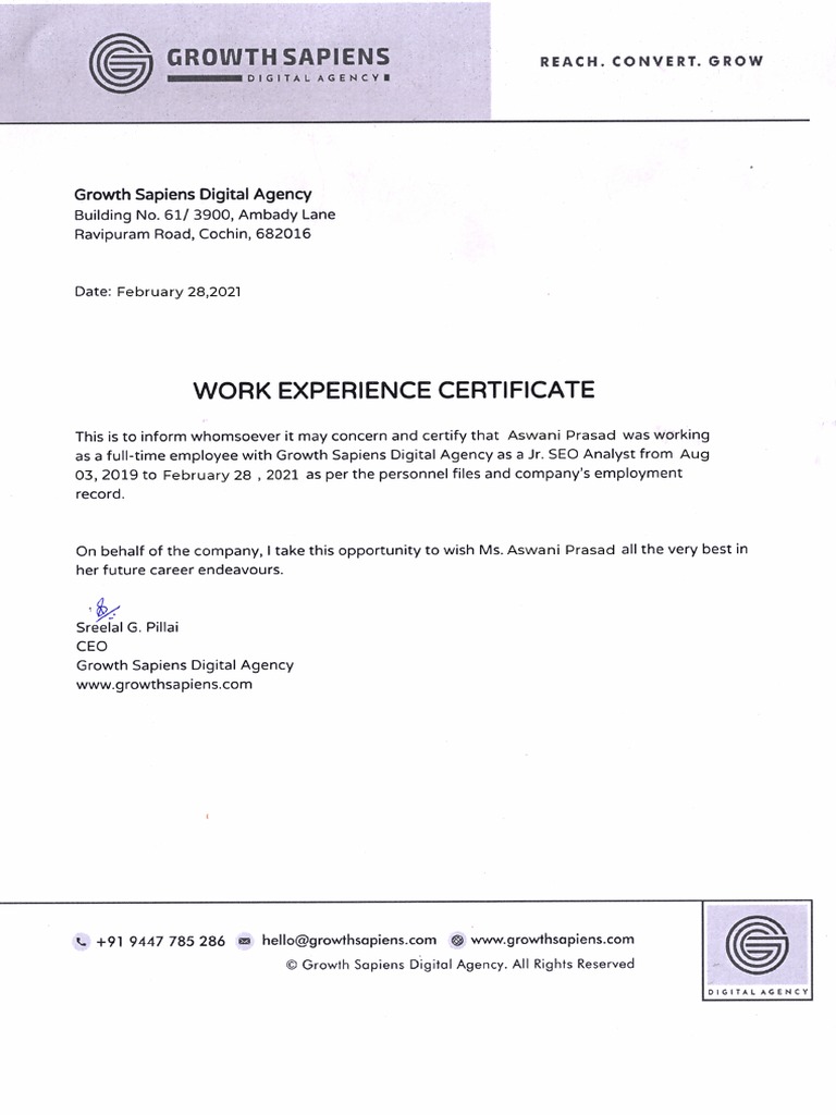 Aswani Work Certificate | PDF