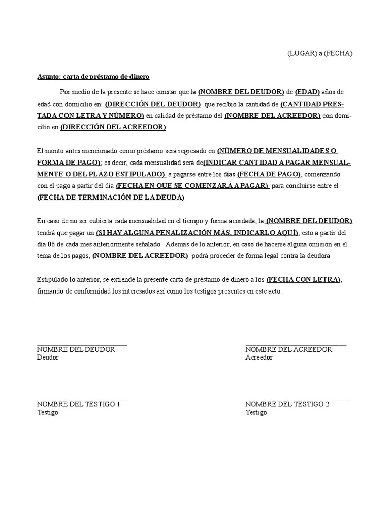Carta y Contrato de Préstamo de Dinero | PDF | Pagos | Crédito