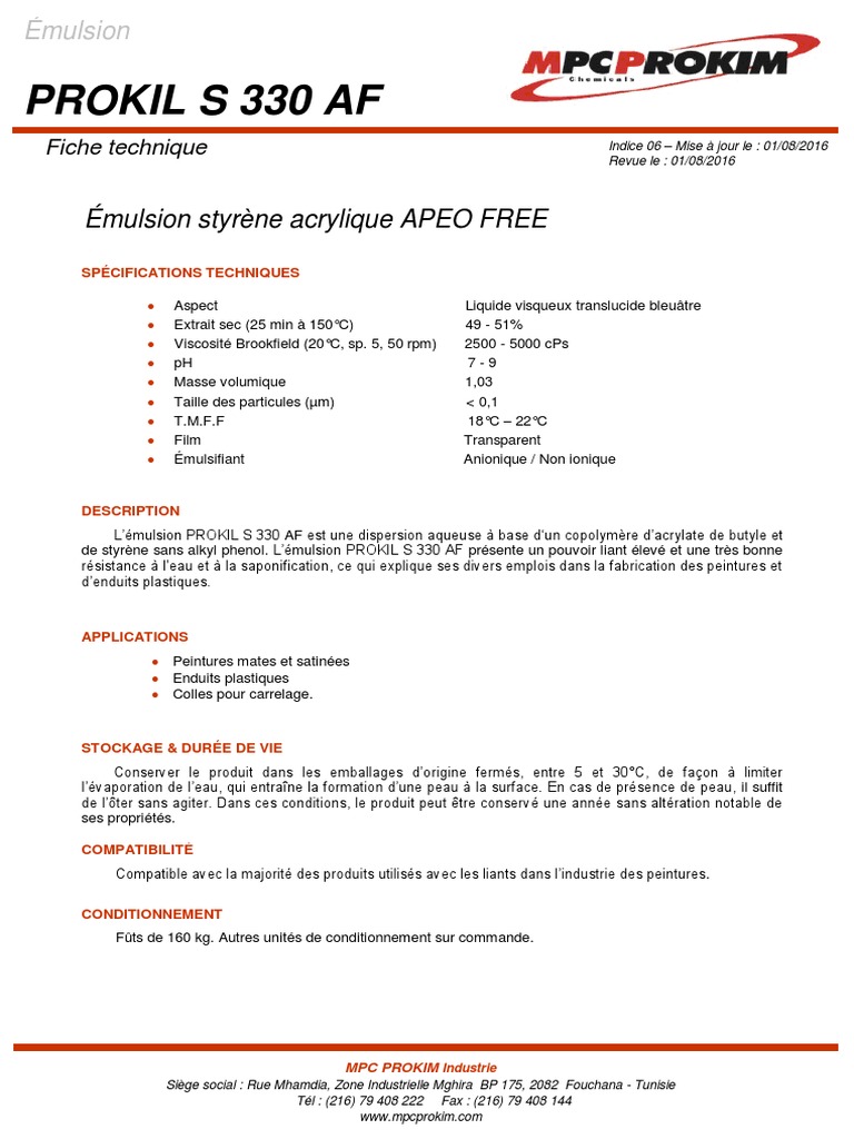 Émulsion PROKIL S 330 AF APEO FREE | PDF | Chimie physique | Matériaux