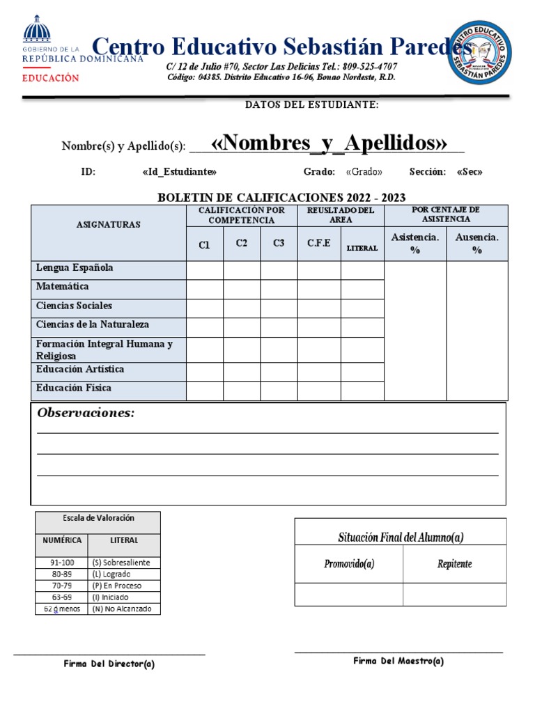 Boletín de Calificaciones 2022-2023 | PDF