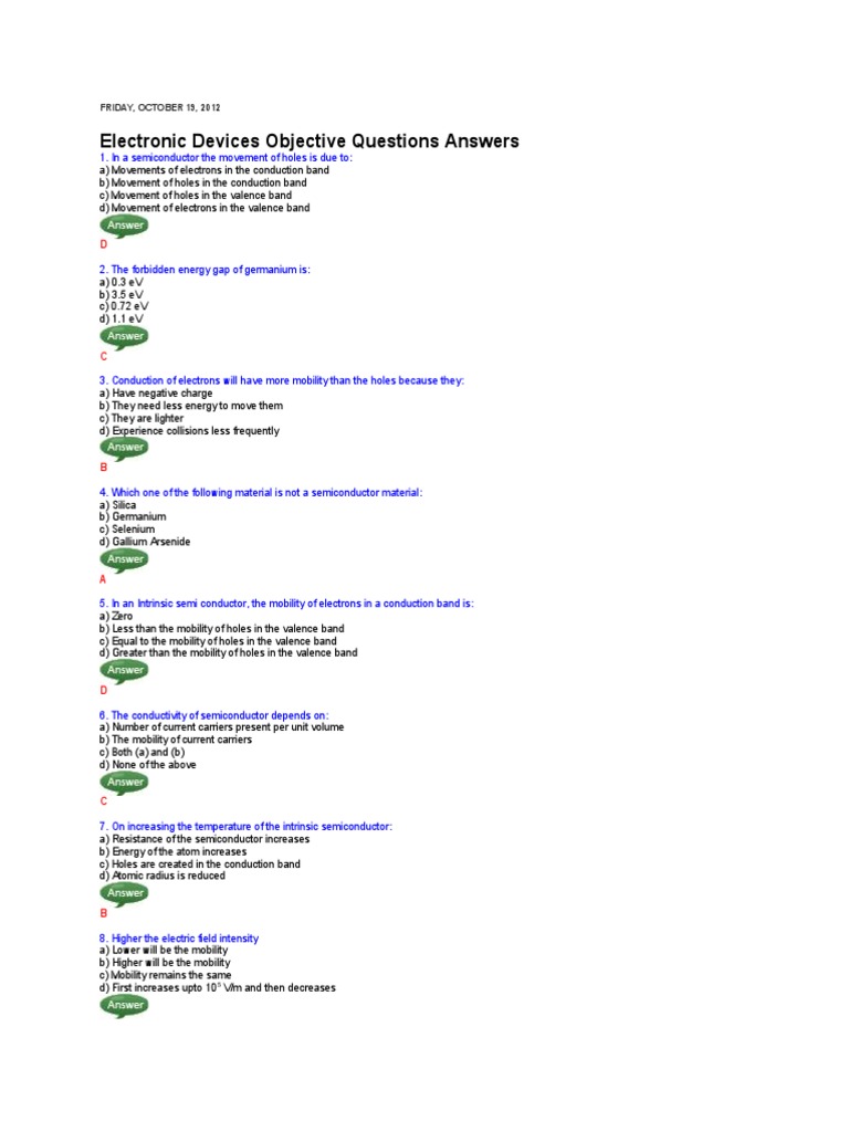 Electronic Devices Objective Questions Answers 03 | PDF