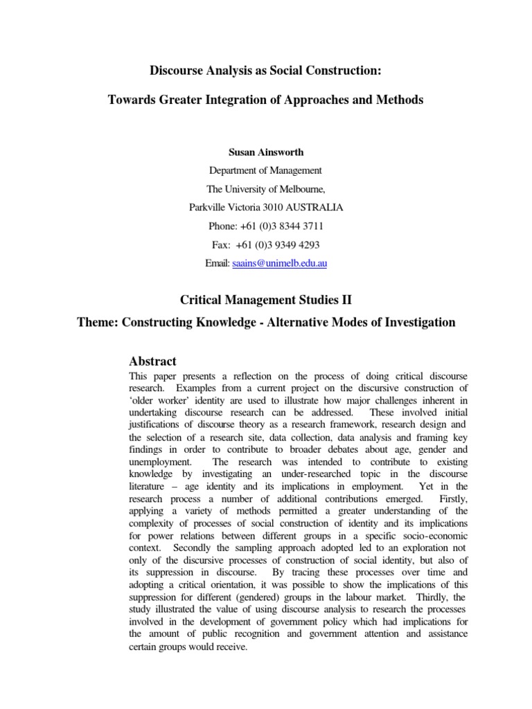 Discourse Analysis As Social Construction: Towards Greater Integration ...