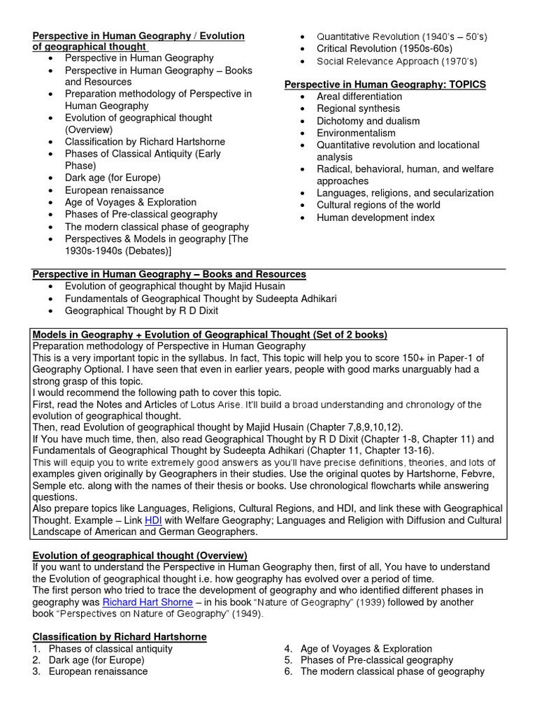 Perspective in Human Geography / Evolution of Geographical Thought | PDF