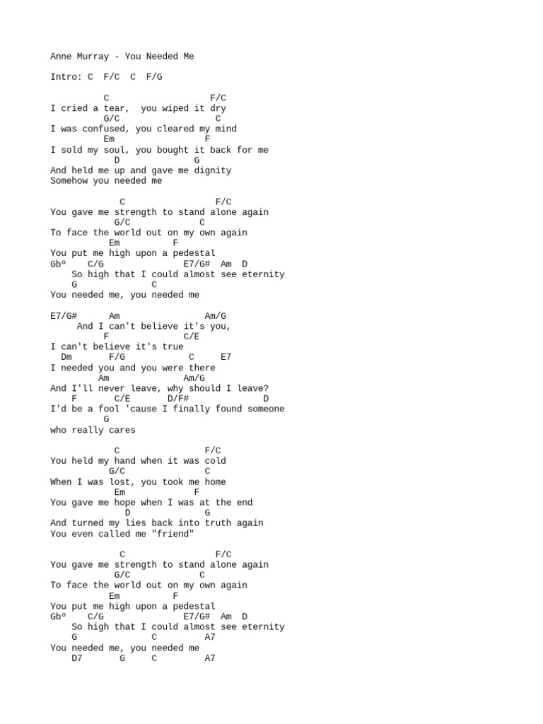 You Needed Me - Anne Murray Lyrics | PDF