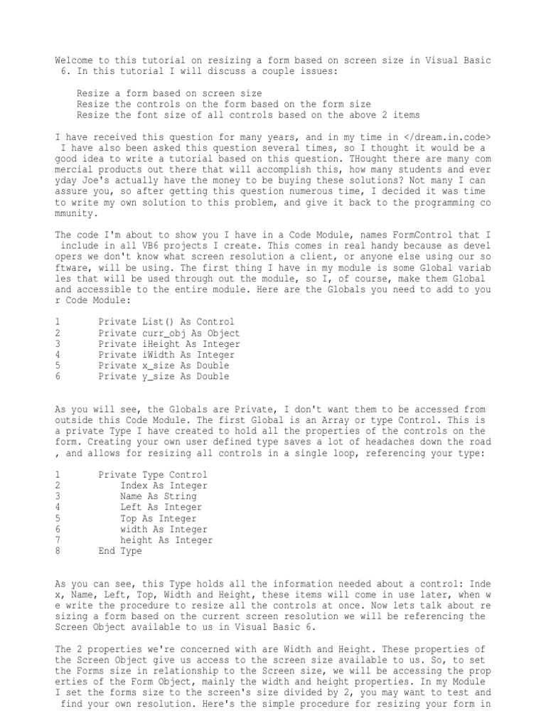 Resizing Forms and Controls | PDF | Array Data Type | Subroutine