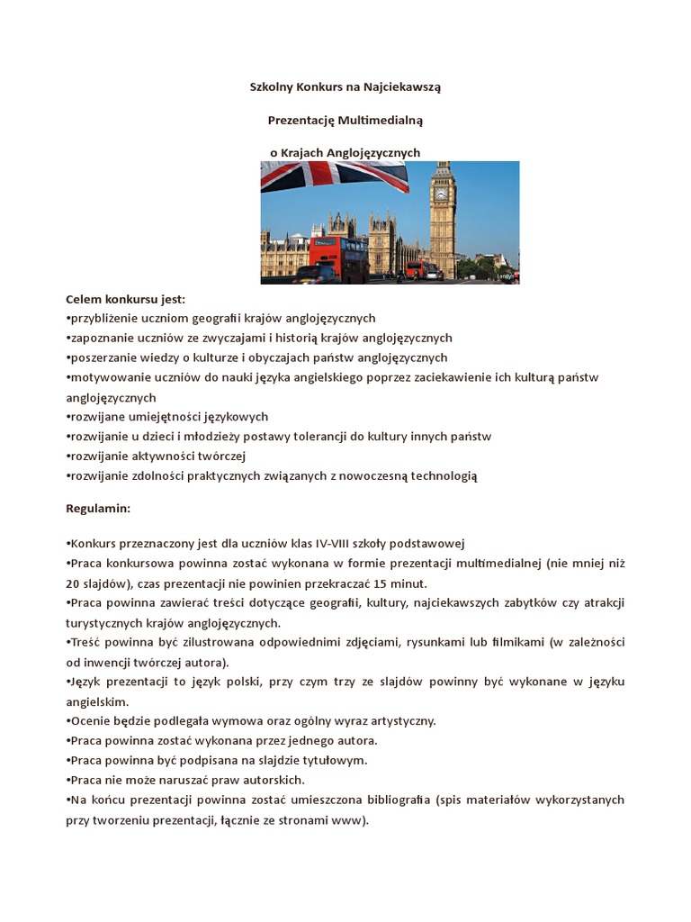 Konkurs Szkolny Język Angielski Prezentacja | PDF