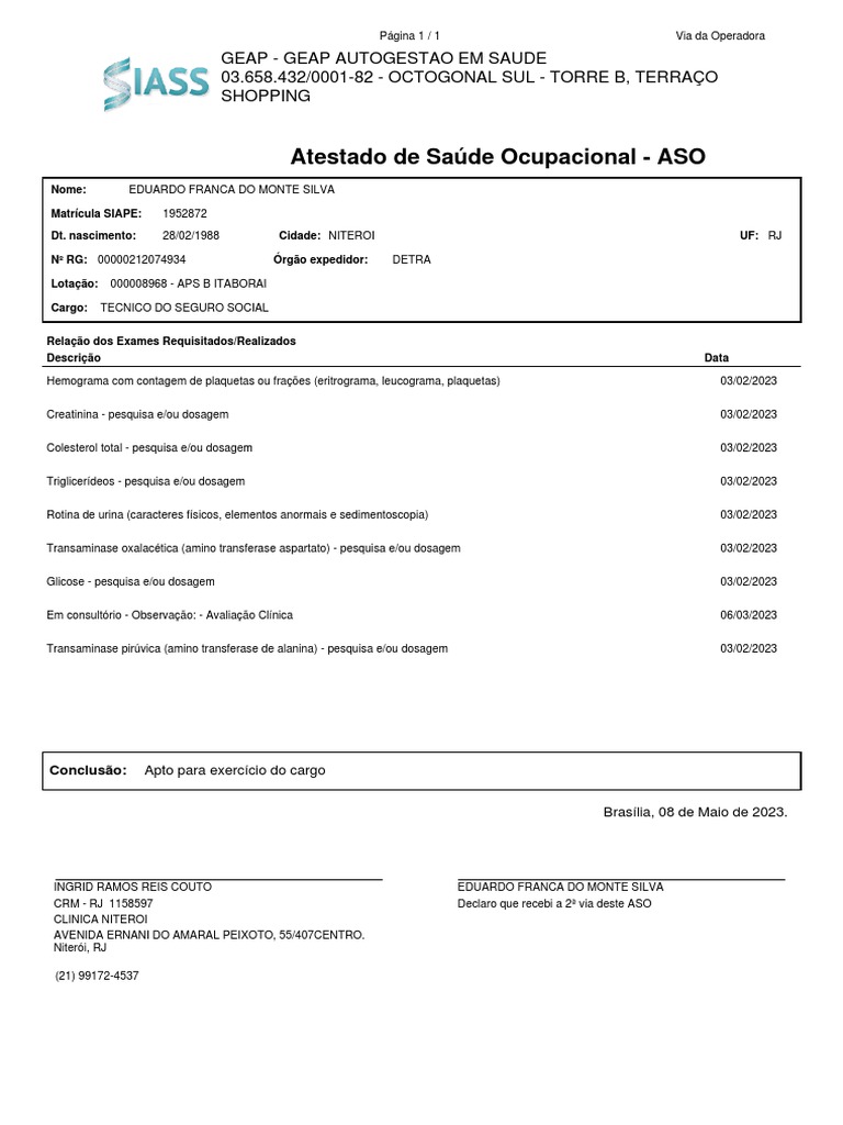 Atestado de Saúde Ocupacional - ASO | PDF | Exames médicos | Patologia