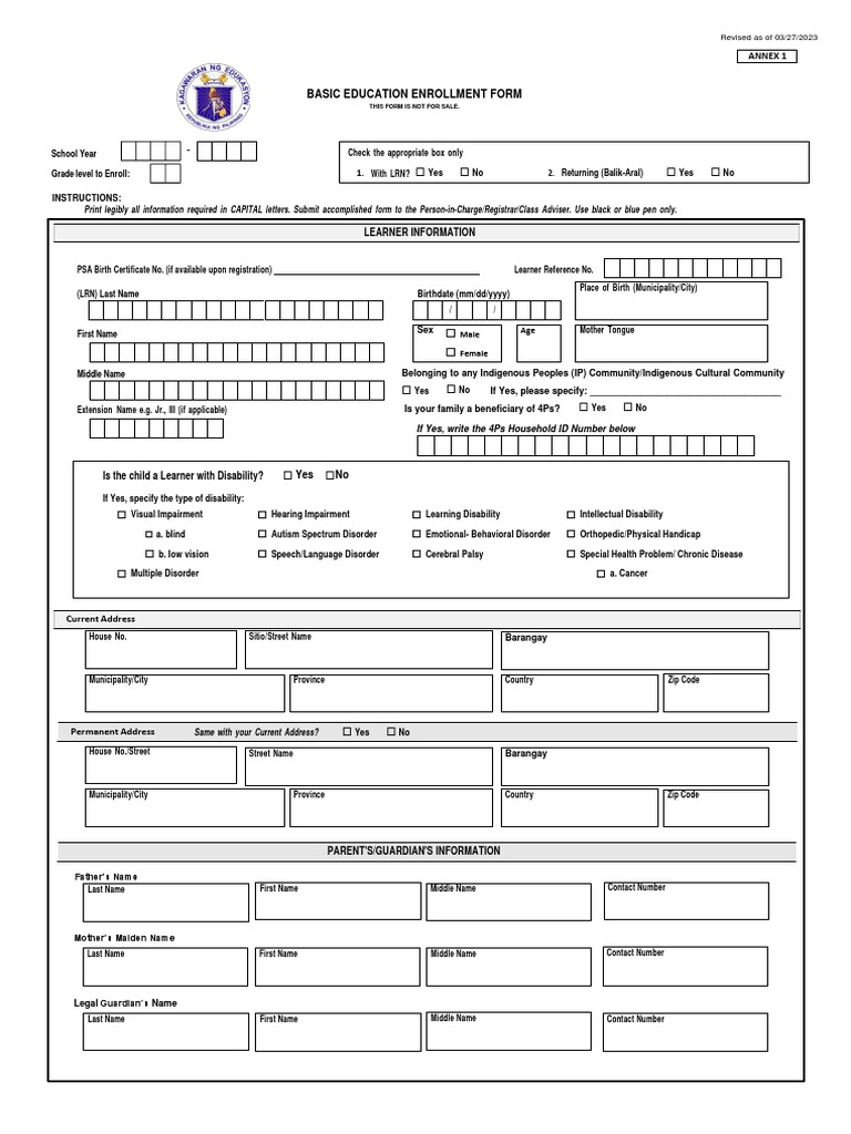 Basic Education Enrollment Form | PDF | Disability | Visual Impairment