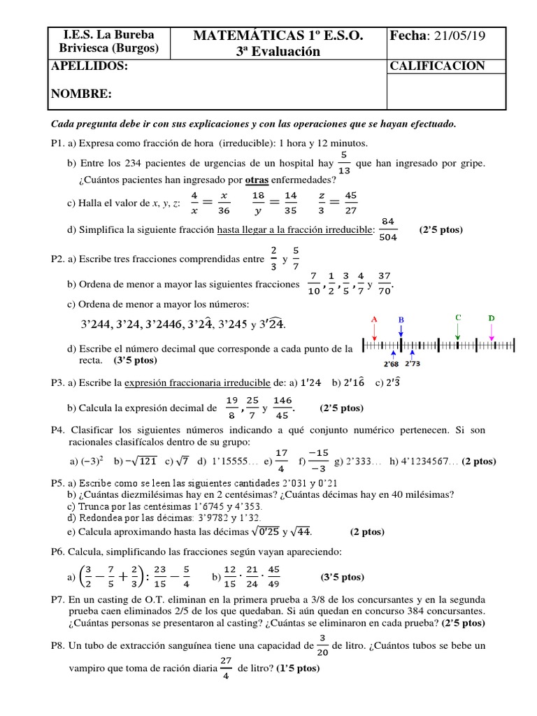 Examen 3-1 Fracciones y Decimales 1º ESO A | PDF