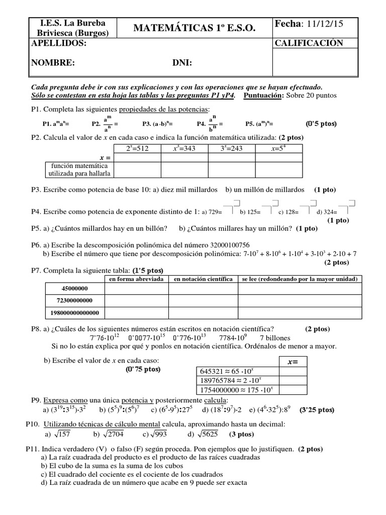 Examen 1º ESO A Tema 2 Potencias | PDF | Raíz cuadrada | Conceptos matemáticos
