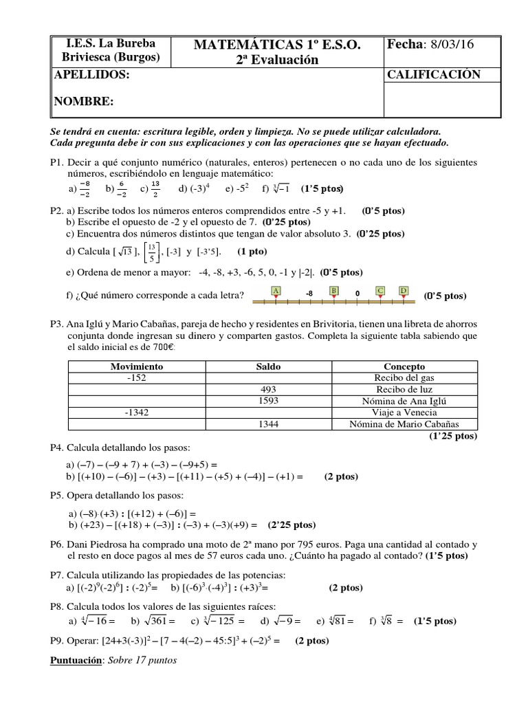 Examen de Matemáticas 1º E.S.O. | PDF | Matemáticas