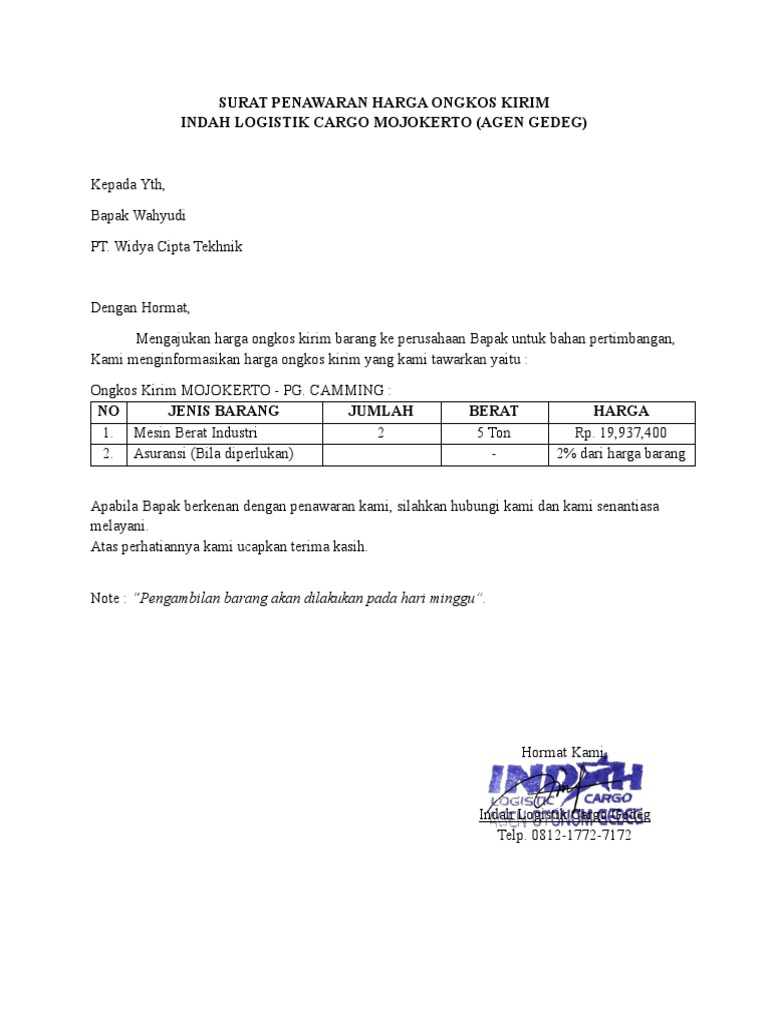 Surat Penawaran Ongkos Kirim Indah Logistik | PDF