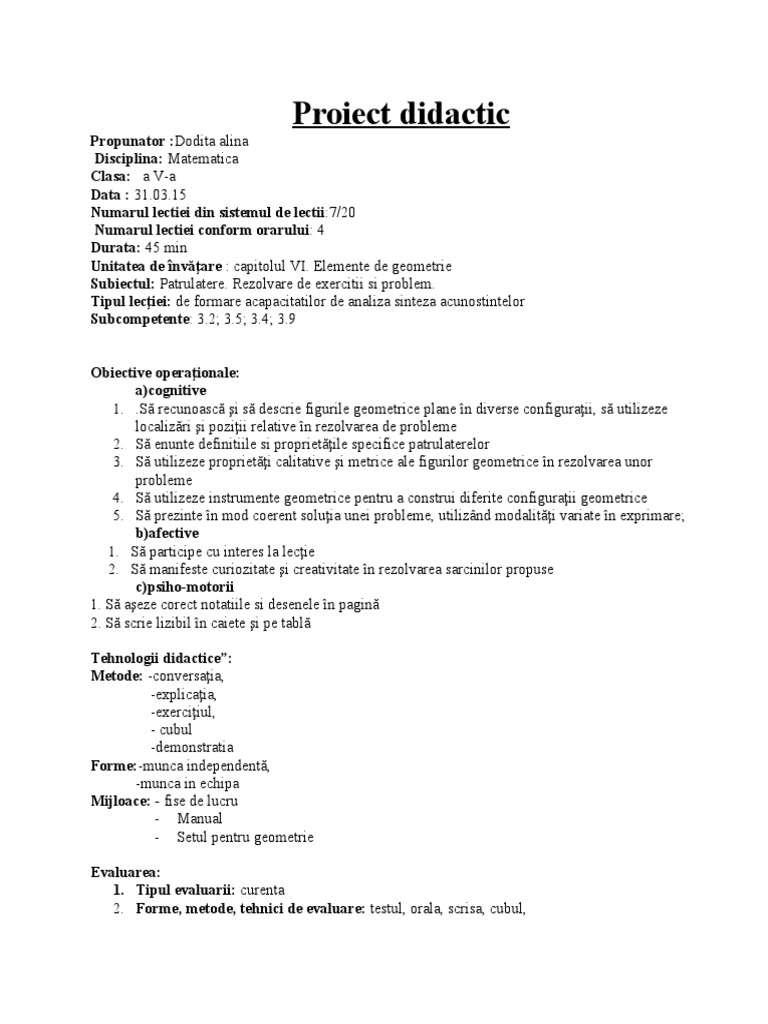 Proiect Didactic Cls 5 Patrulatere-Clasa-A-V-A | PDF