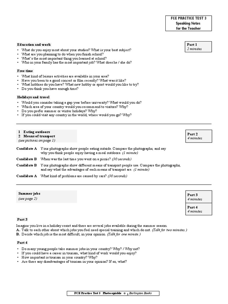 FCE Test 3 SpeakingNotes | PDF