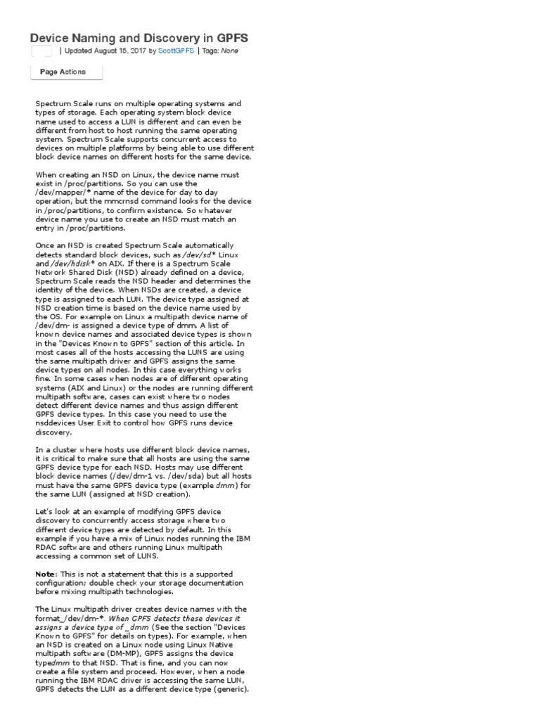 IBM Spectrum Scale Wiki - Device Naming and Discovery in GPFS | PDF | Device Driver | Computer Data