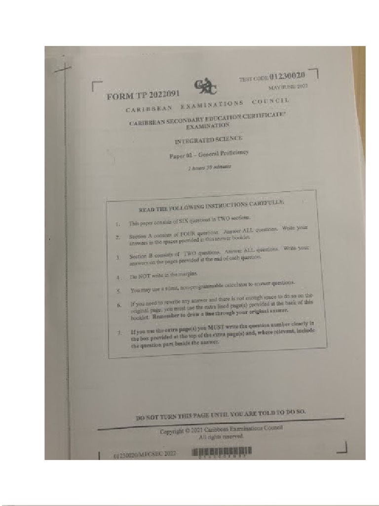 Intergrated Science CSEC PAST PAPER 2022 | PDF