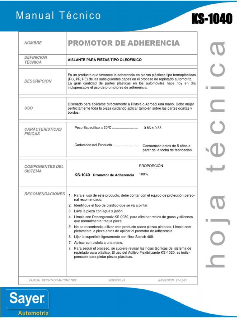 Promotor de Adherencia KS-1040 Sayer | PDF