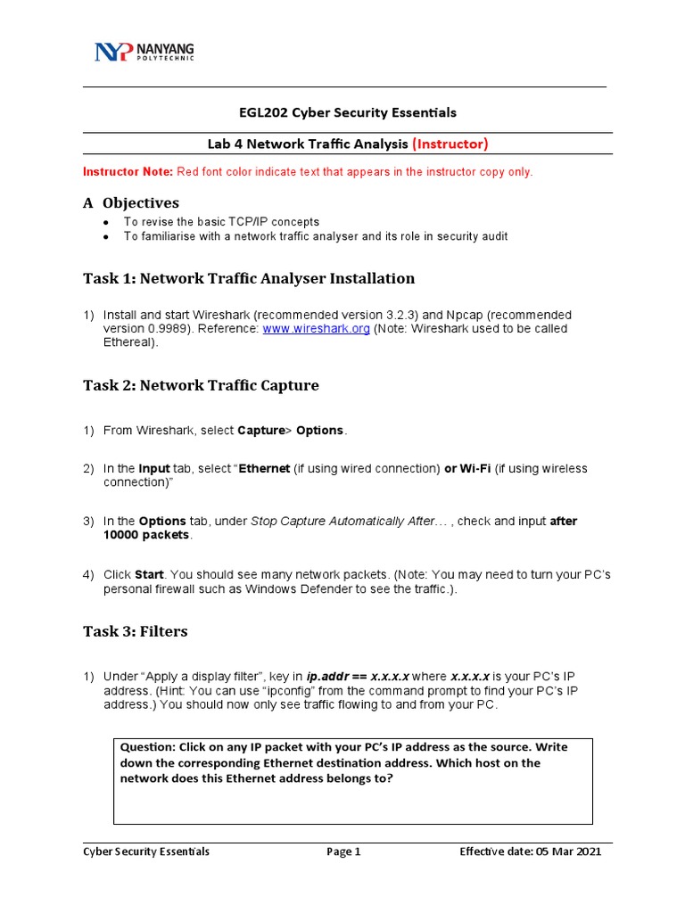 EGL202 - Lab - 4 - Network Traffic Analysis (Instructor) - Revisedv2 | PDF | Transmission ...