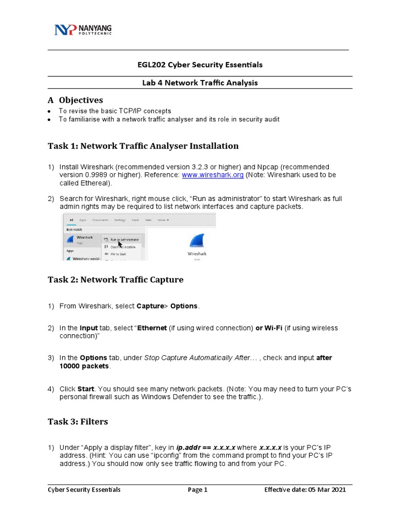 EGL202 Lab 4 Network Traffic Analysis (Student) | PDF