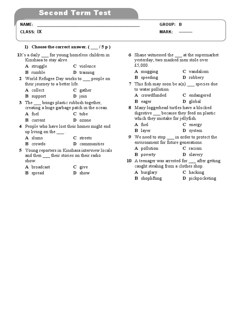 Second Term Test Klasa 9B | PDF | Poverty | Poverty & Homelessness