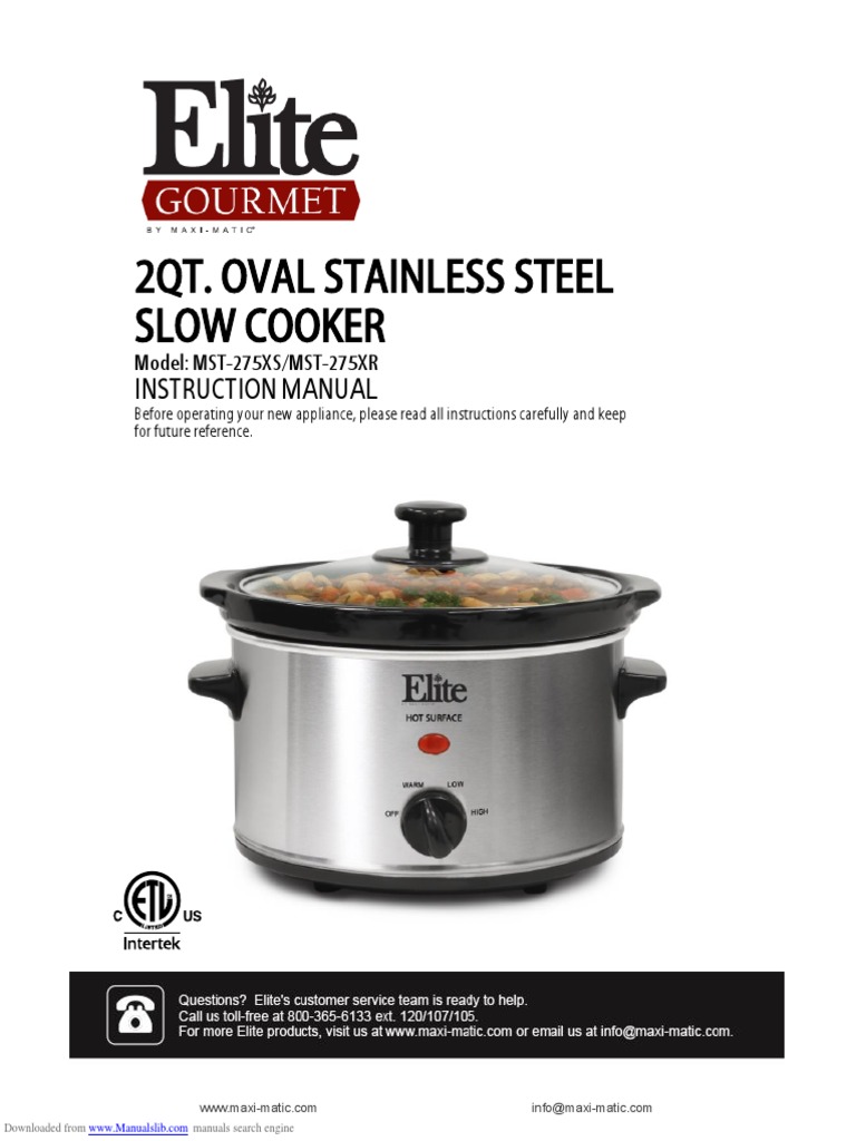 Elite Gourmet Oval Stainless Slow Cooker | PDF | Slow Cooker | Cooking