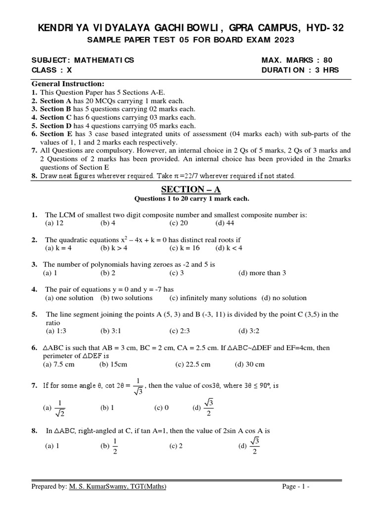 Maths Class X Sample Paper Test 05 For Board Exam 2023 | PDF ...