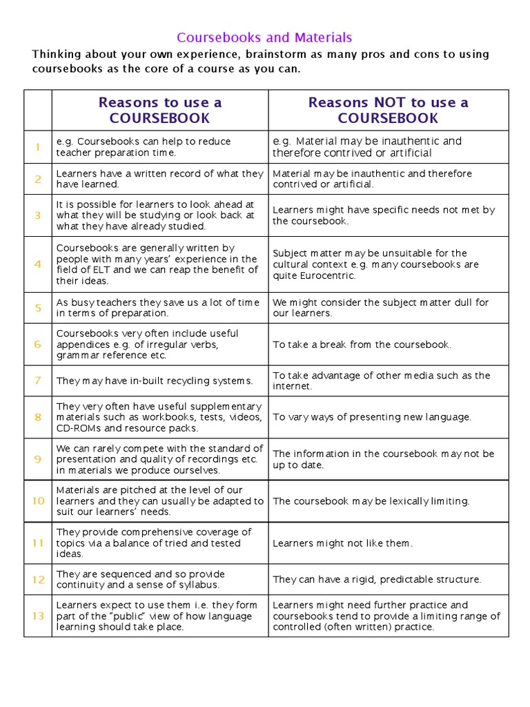 Pros & Cons - Coursebooks | PDF