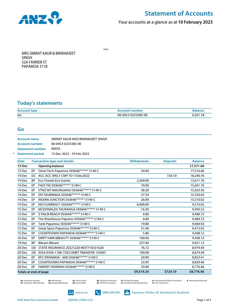 ANZ Bank Statement Feb 2023 | PDF | Debit Card | Payments