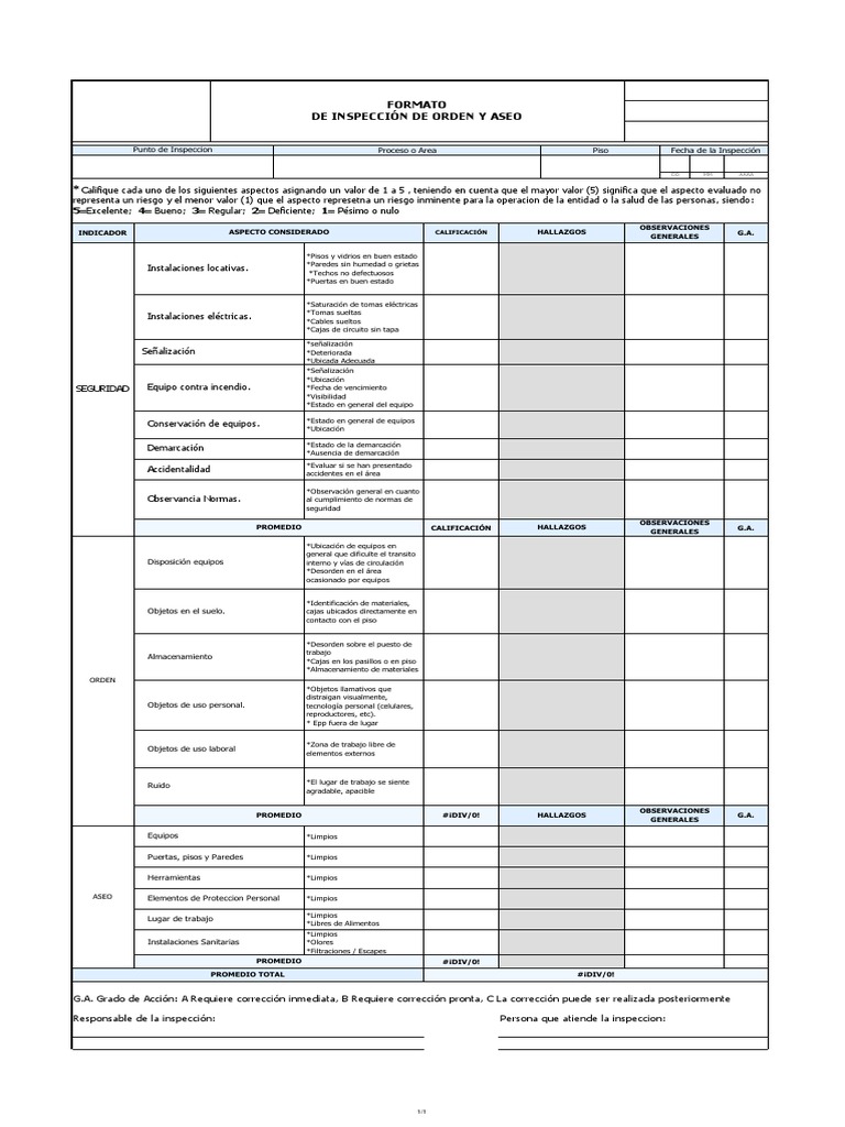 Formato Inspección de Orden y Aseo | PDF Formato Inspección de Orden y Aseo | PDF