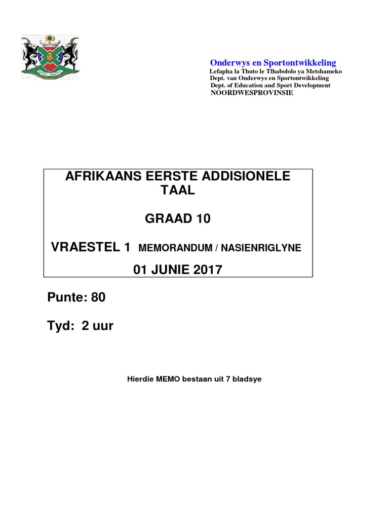 Afrikaans GR 10 Memo Fal | PDF