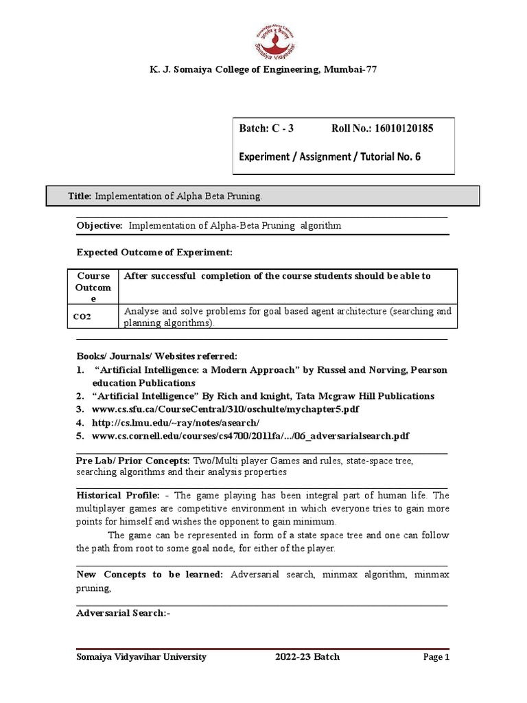 AI - Experiment 6 - Alpha Beta Pruning | PDF | Algorithms | Algorithms And Data Structures