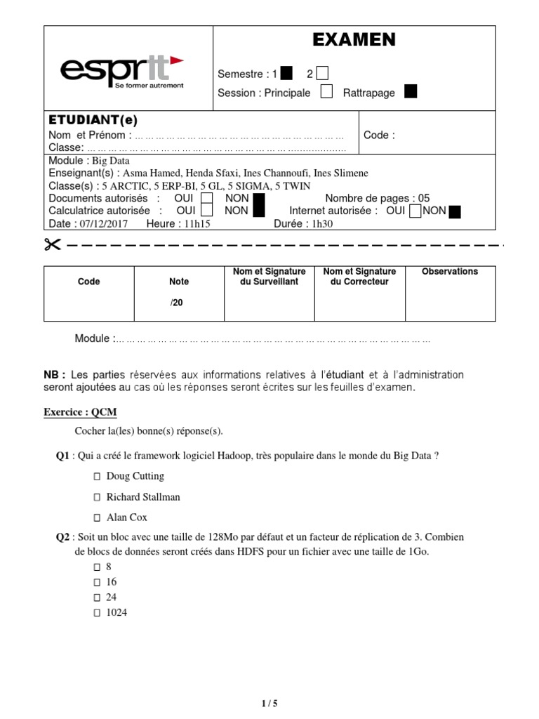 Examen Big Data : QCM et Questions clés | PDF | Apache Hadoop | MapReduce