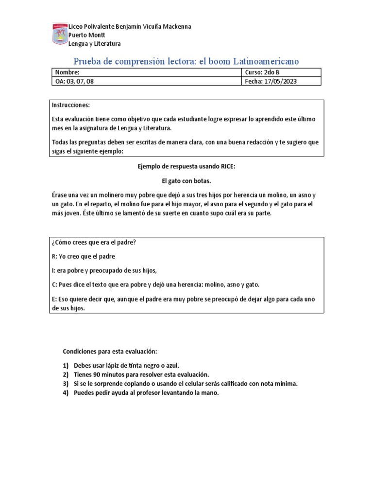 Prueba de Comprensión Lectora 2do B | PDF