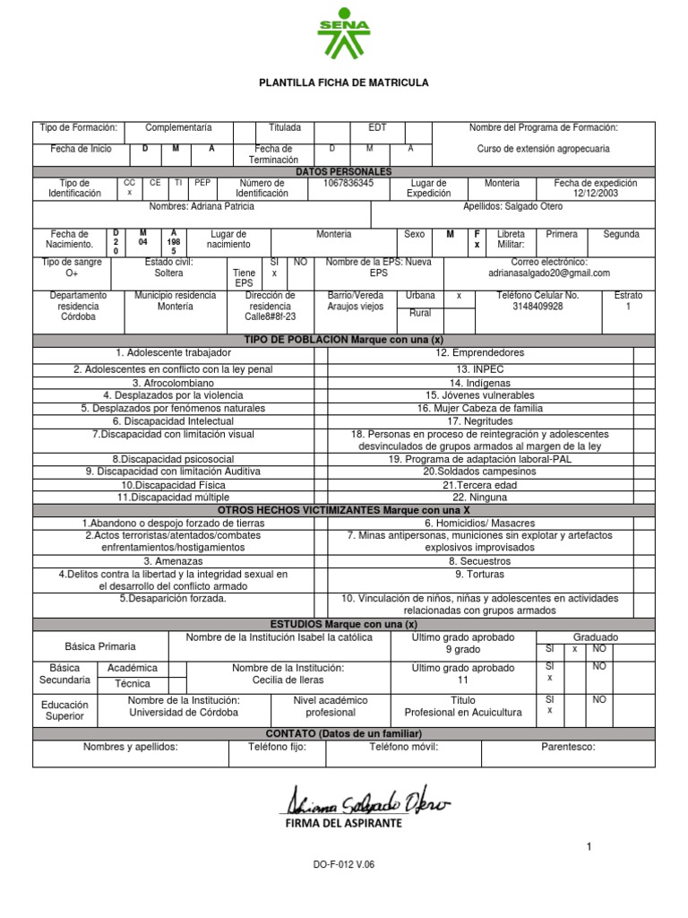 Plantilla Ficha de Matricula: Datos Personales | PDF