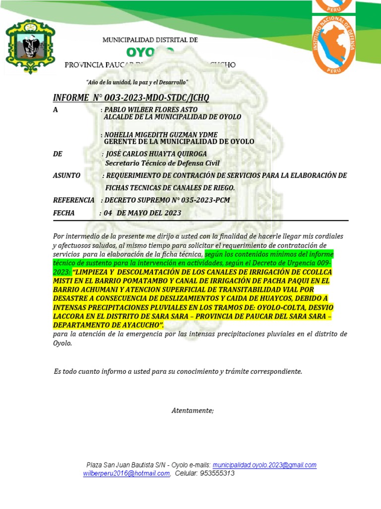 Informe 003 Requerimiento para Realizar Fichas - Oyolo | PDF