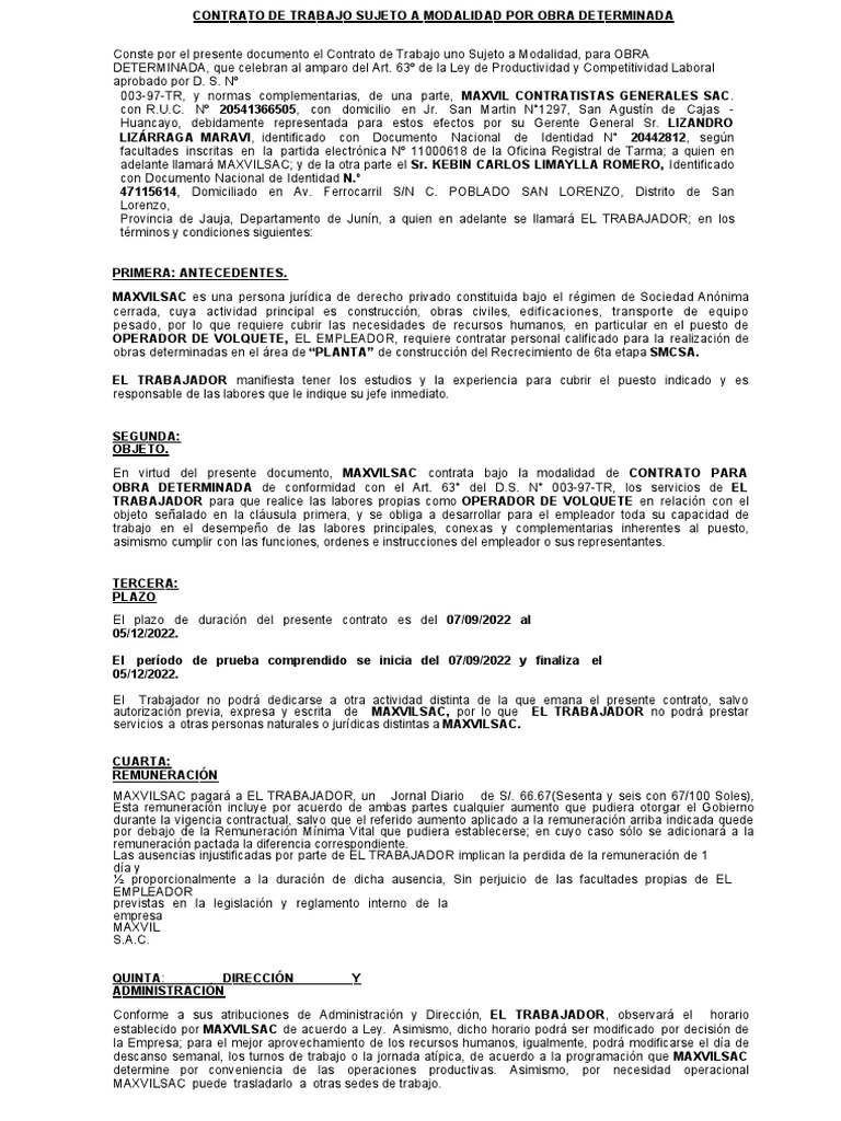 Contrato de Trabajo Sujeto A Modalidad Por Obra Determinada | PDF | Salario | Derecho laboral