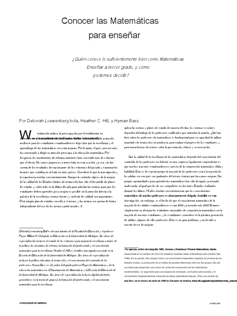 Ball 2005. Knowing Mathematics For Teaching - En.es TRADUCIDO ...
