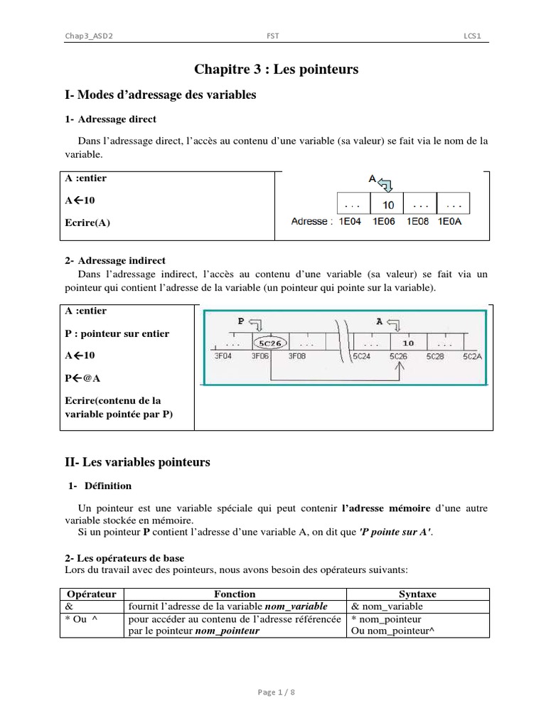 Chapitre 3 Les Pointeurs | PDF | Pointeur (programmation) | Variable (informatique)
