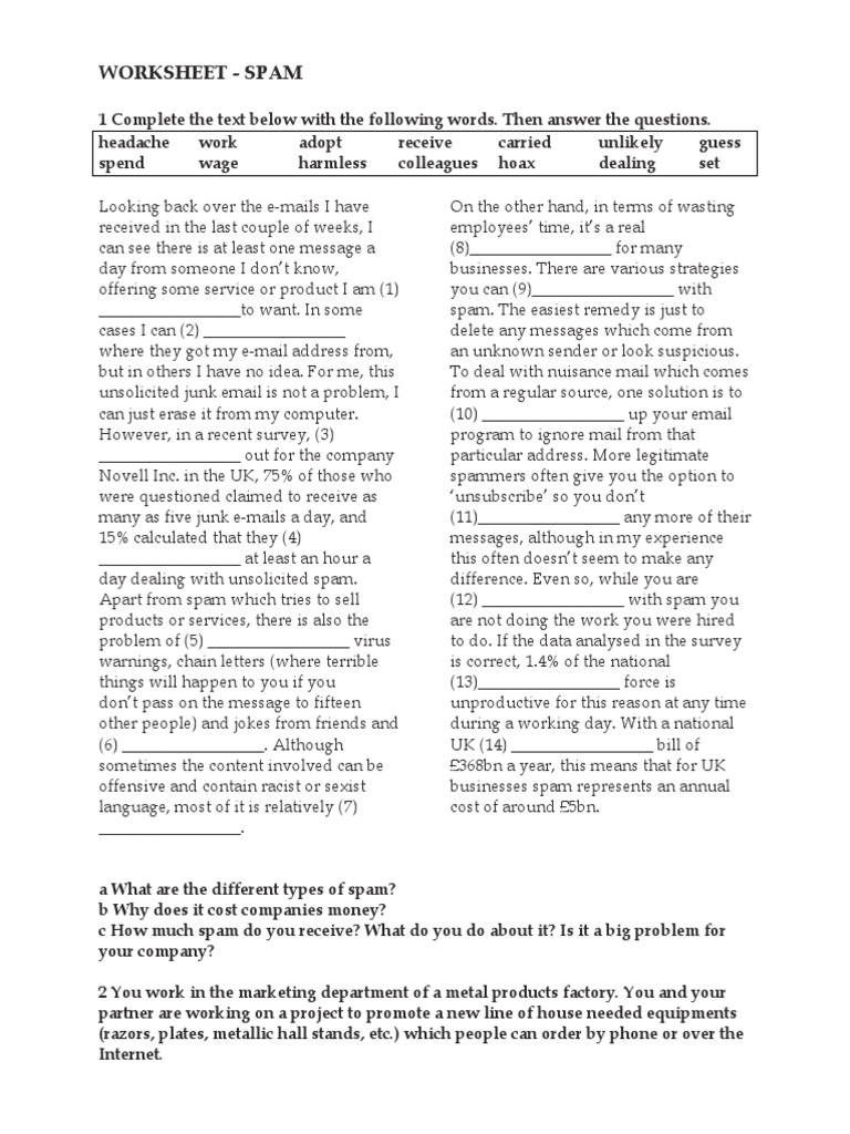 WORKSHEET Spam | Download Free PDF | Email Spam | Computing WORKSHEET Spam | Download Free PDF | Email Spam | Computing