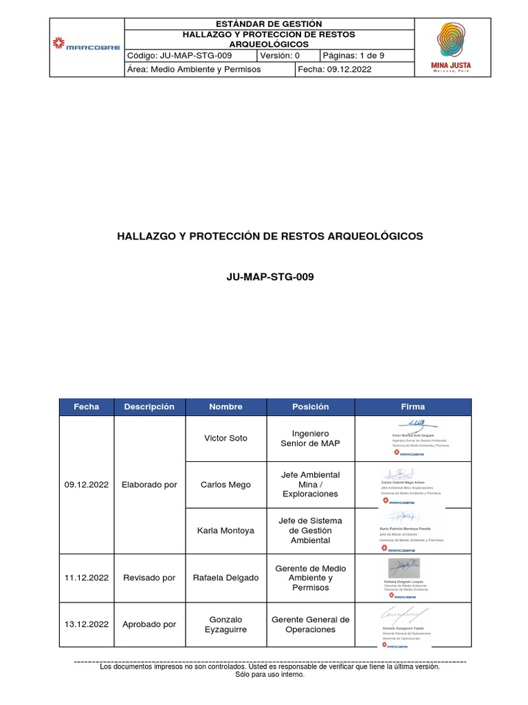 JU-MAP-STG-009 Hallazgo y Protección de Restos Arqueológicos V0 | PDF