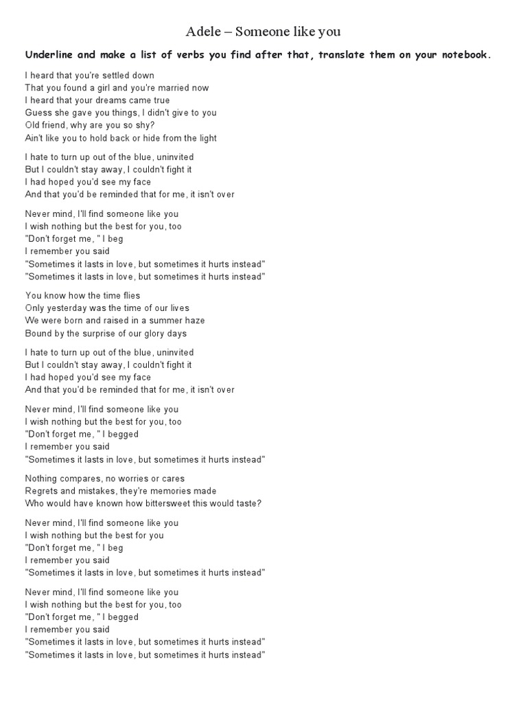 Adele - Someone Like You (Song) Underline Verbs | PDF