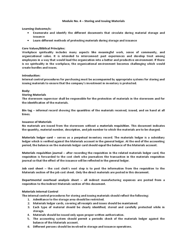 Issuing and Storing Materials Procedures | PDF | Debits And Credits ...