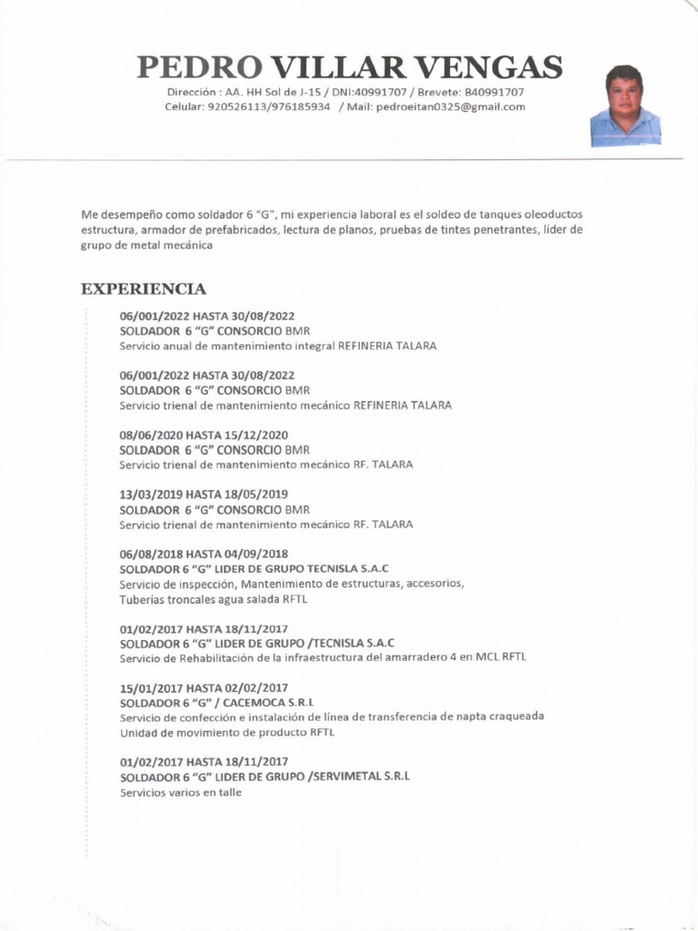 CV Pedro Villar Soldador 6 G | PDF
