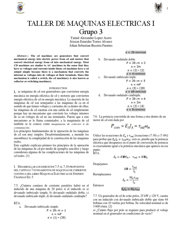 Taller de Maquinas Grupo 3 | PDF | Inductor | Generador eléctrico